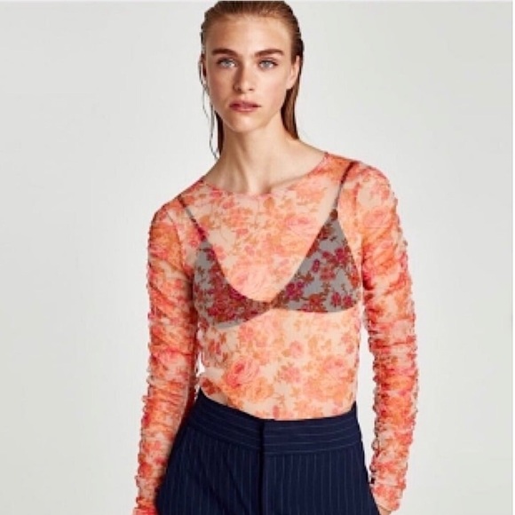 Tops | Zara Sheer Floral Printed Mesh Top Small | Poshmark